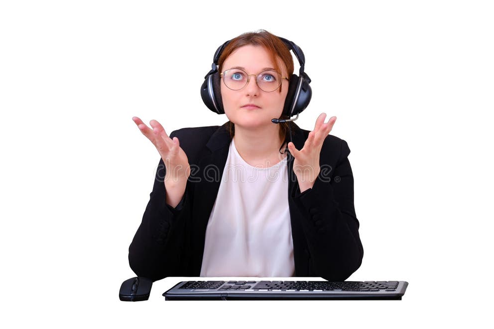 A Woman Asks for Help from Above while Working Online, Isolated on a ...