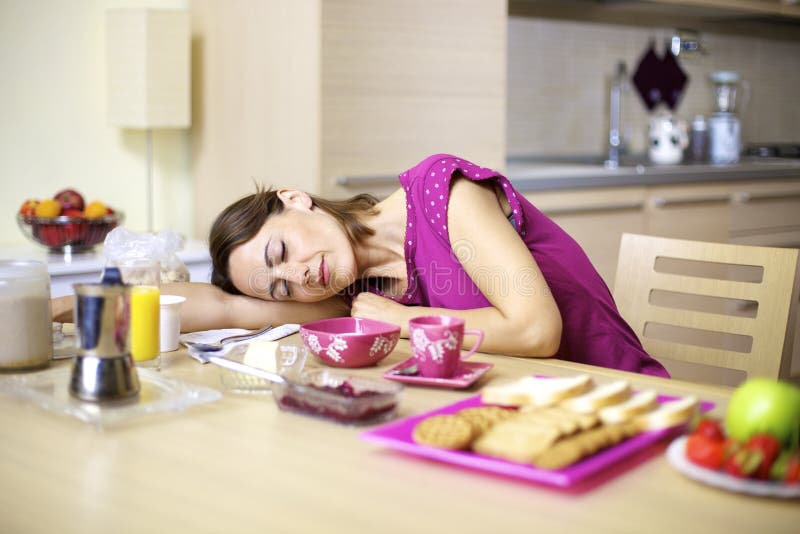 Woman Asleep on Kitchen Table during Breakfast Stock Image - Image of ...