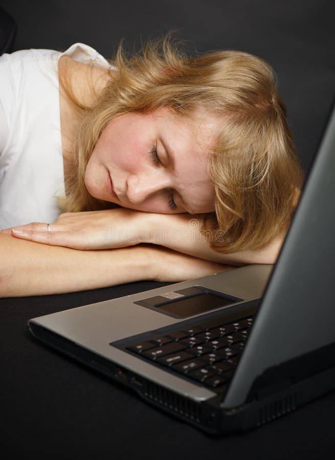 Woman Asleep at Table Near Computer Stock Photo - Image of female ...