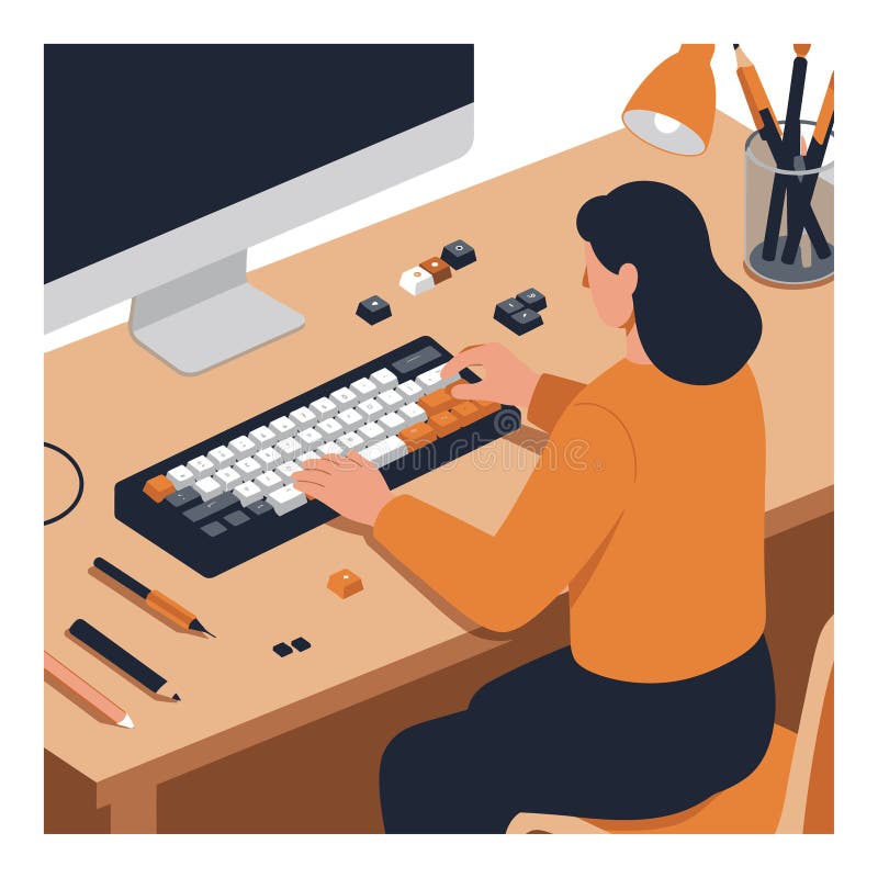 Woman Assembling Custom Mechanical Keyboard on Desk with Computer and ...