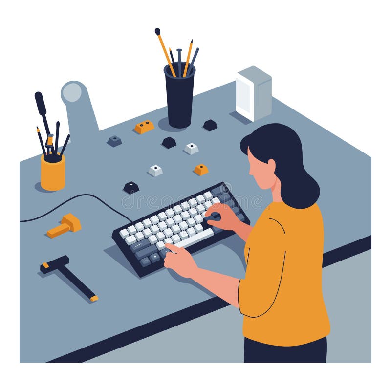 Woman Assembling Keyboard Parts on Workspace with Tools and Accessories ...