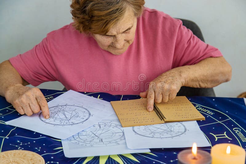 Woman Astrologer Draws a Natal Chart. Selective Focus Stock Image ...
