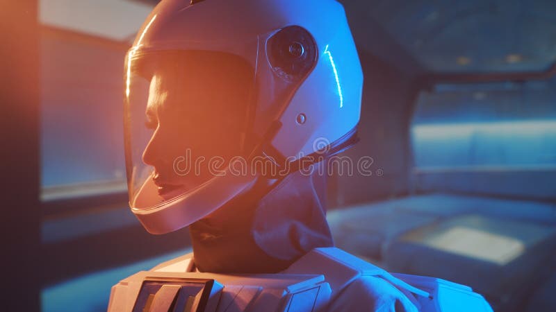 A Woman Astronaut In A Space Suit Aboard The Orbital Station A Young Female Cosmonaut Pilots A