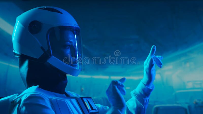 A Woman Astronaut In A Space Suit Aboard The Orbital Station A Young Female Cosmonaut Pilots A