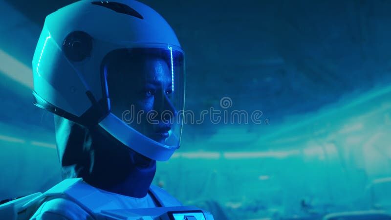 A Woman Astronaut In A Space Suit Aboard The Orbital Station A Young Female Cosmonaut Pilots A