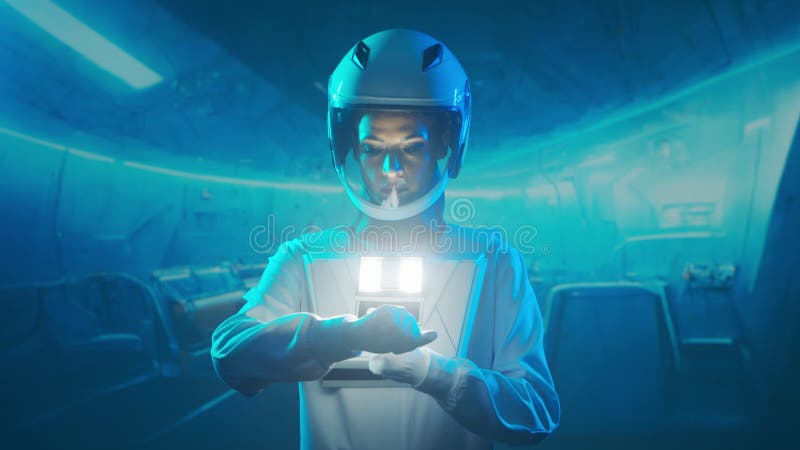 A Woman Astronaut In A Space Suit Aboard The Orbital Station A Young Female Cosmonaut Pilots A