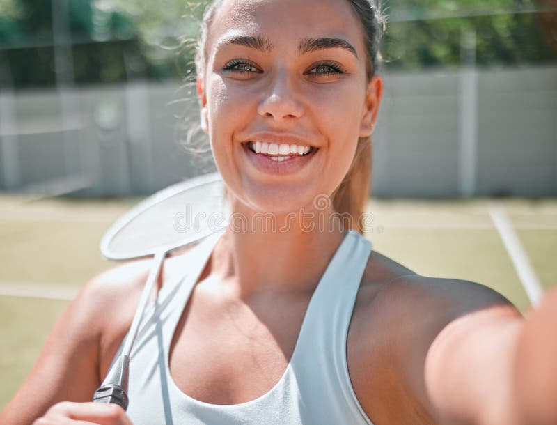Woman Athlete With Tennis Selfie For Fitness Outdoor On Tennis Court