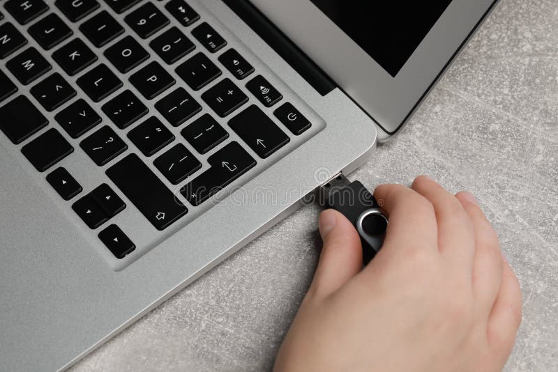 Woman Attaching Usb Flash Drive Laptop Grey Table Closeup Stock Photos ...