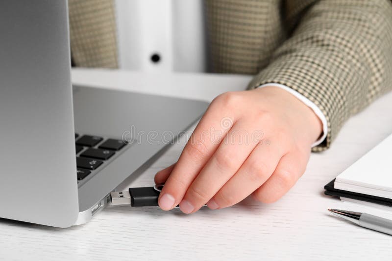 Woman Attaching Usb Flash Drive into Laptop at White Table, Closeup ...