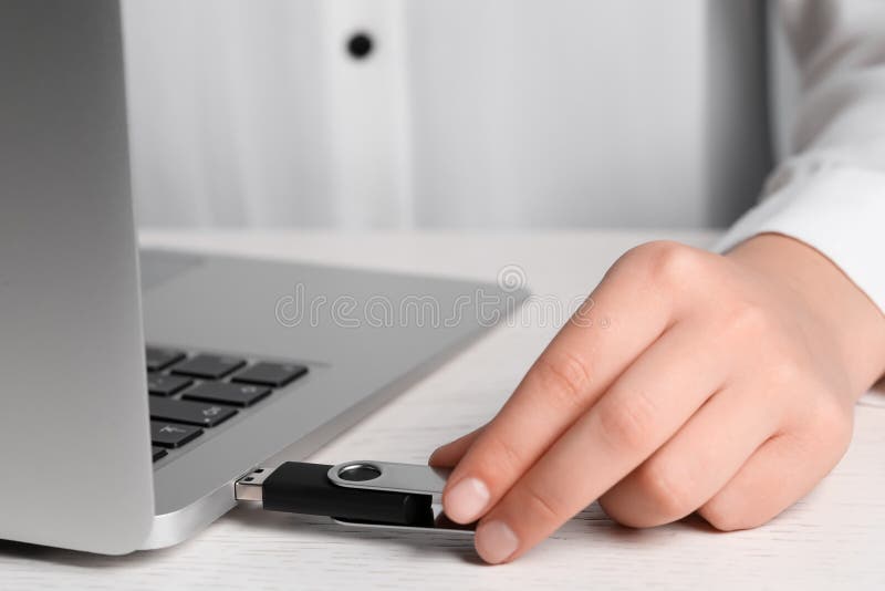 Woman Attaching Usb Flash Drive into Laptop at White Table, Closeup ...