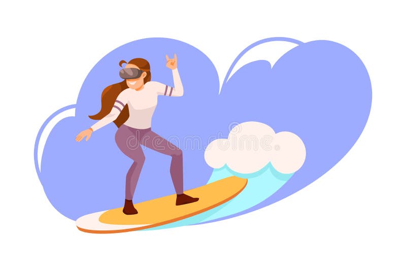 Woman in Augmented Reality Glasses Riding on Wave with Surfboard Vector ...