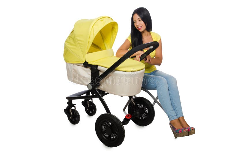Woman with Baby and Pram Isolated on White Stock Image - Image of baby ...