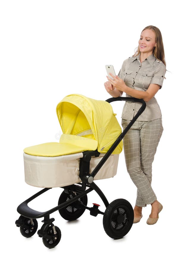 Woman with Baby and Pram Isolated on White Stock Photo - Image of ...