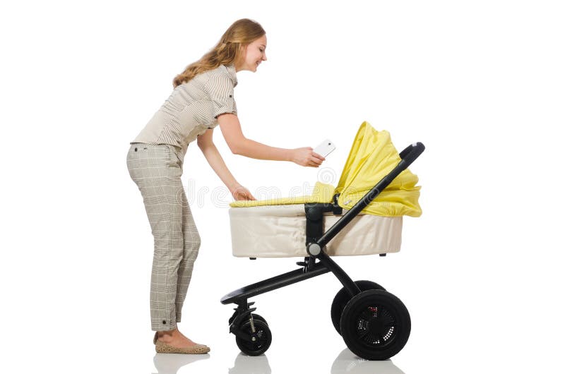 Woman with Baby and Pram Isolated on White Stock Photo - Image of ...