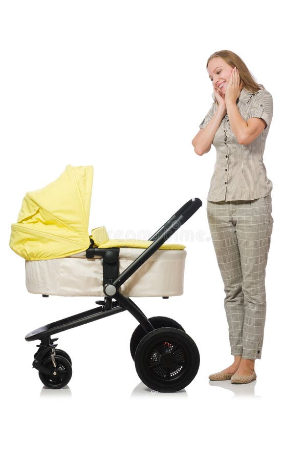 The Woman with Baby and Pram Isolated on White Stock Photo - Image of ...