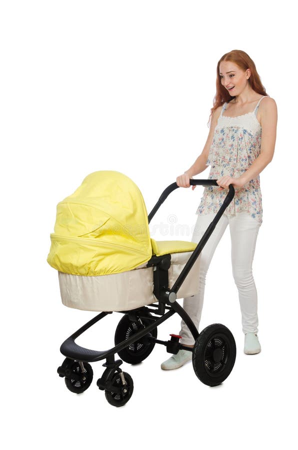 Woman with Baby and Pram Isolated on White Stock Photo - Image of ...