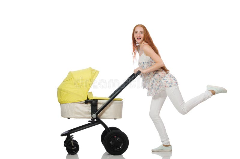 The Woman with Baby and Pram on White Stock Image - Image of pram ...