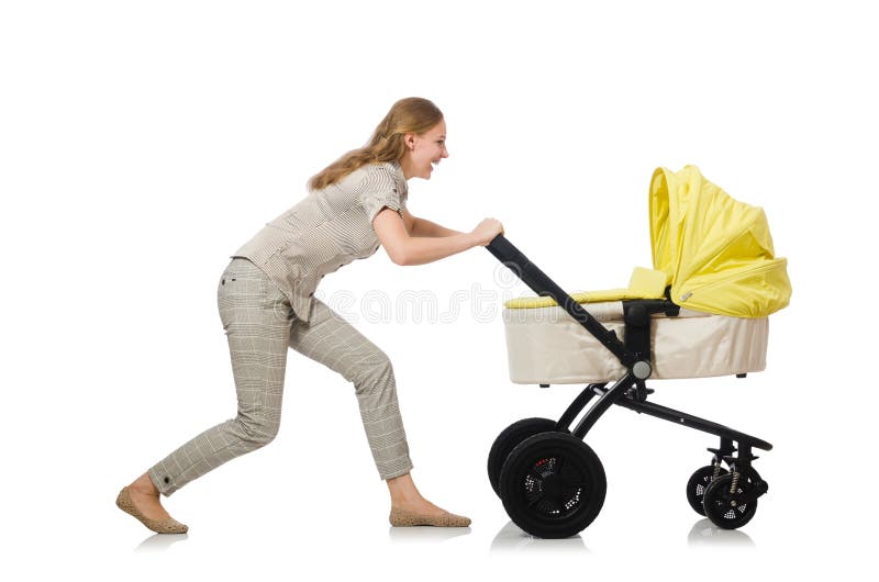 The Woman with Baby and Pram on White Stock Image - Image of girl ...