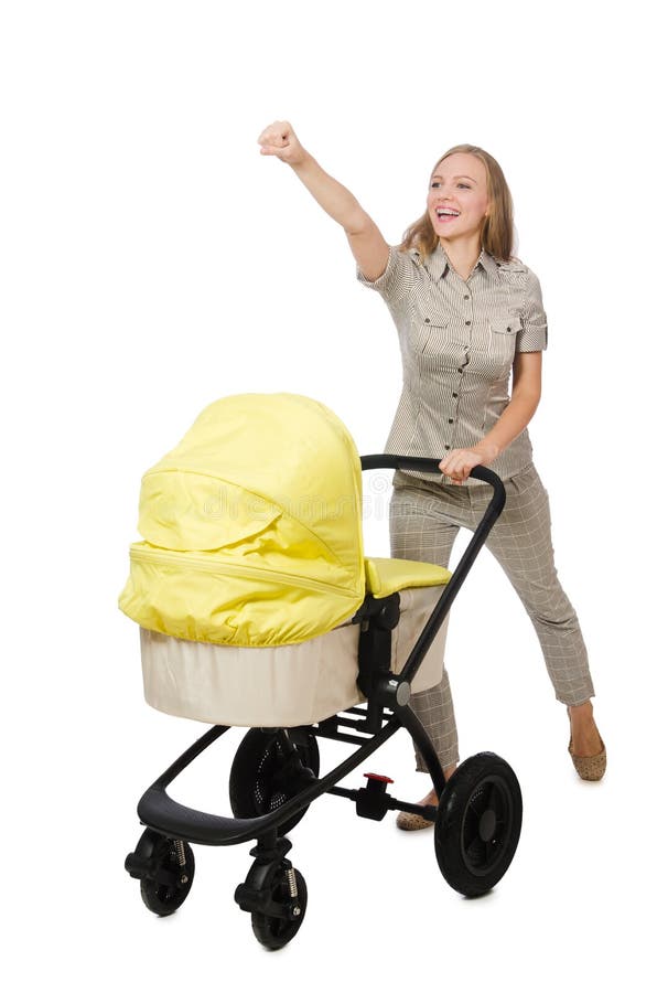 The Woman with Baby and Pram on White Stock Photo - Image of cart ...