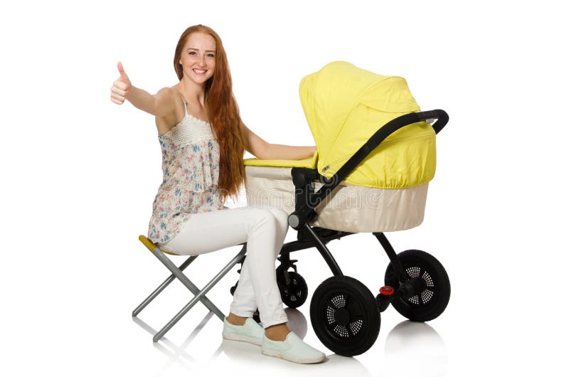 The Woman with Baby and Pram on White Stock Image - Image of happy ...