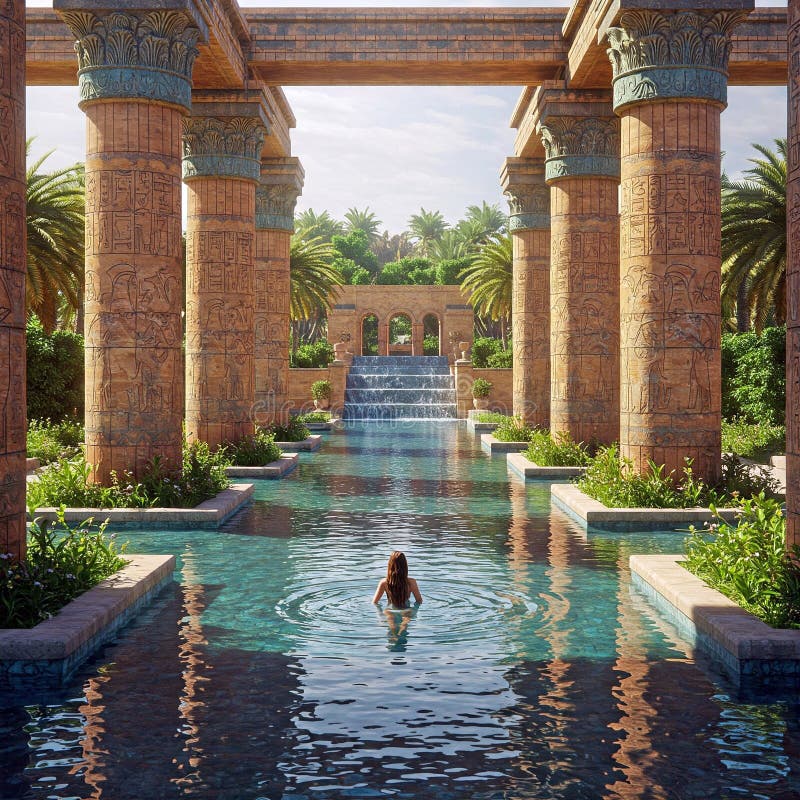 A Woman in a Babylonian-style Pool with Columns. Stock Illustration ...