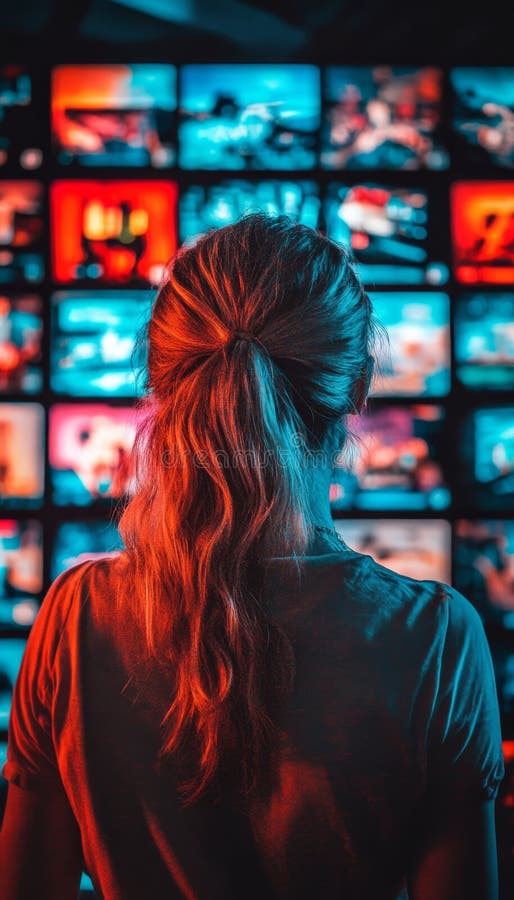 Woman, Back View, Observing Wall of Multiple Screens Showing Colorful ...