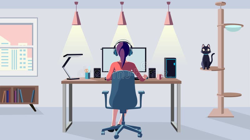 A Woman Back View Operating a Desktop Computer in a Bright Room. Remote ...