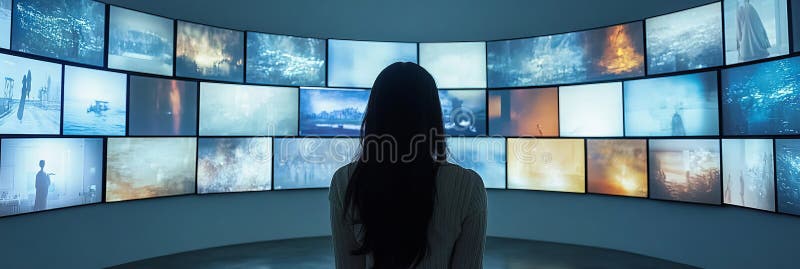 Woman Back View, Virtual Reality Video Wall, Technology Concept ...