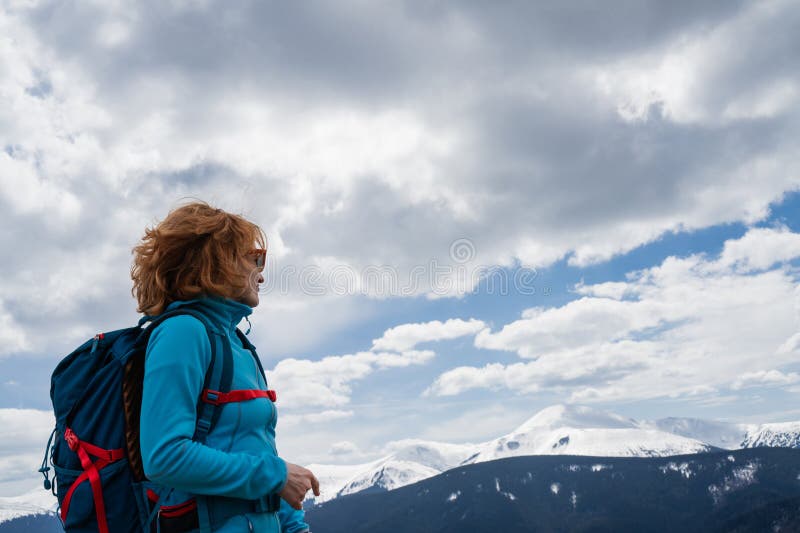 Woman with Backpack Enjoying the Mountain View Stock Photo - Image of ...