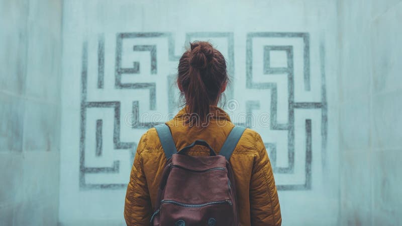 Woman with Backpack Facing a Large Maze Drawn on a White Wall, Concept ...
