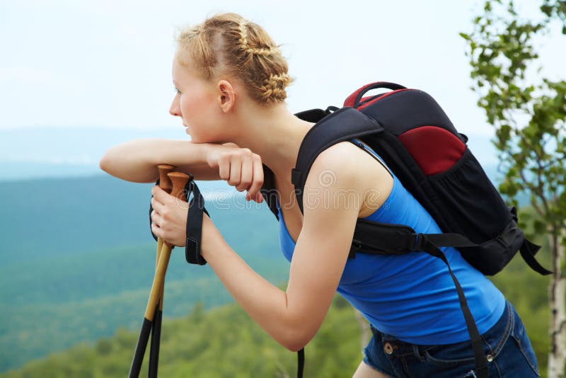 Woman with Backpack Hiking in the Mountains Stock Photo - Image of ...