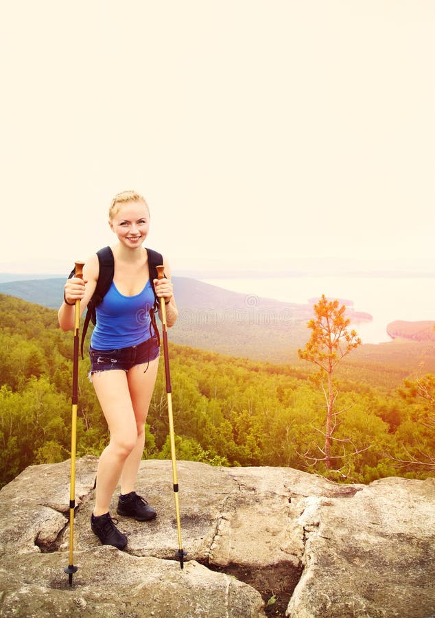 Woman with Backpack Hiking in the Mountains Stock Image - Image of ...
