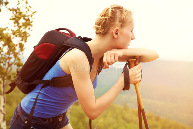 Woman with Backpack Hiking in the Mountains Stock Image - Image of ...
