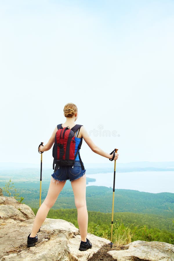 Woman with Backpack Hiking in the Mountains Stock Image - Image of ...