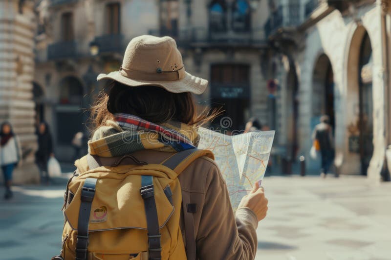 Woman with Backpack Looking at a Map while Touring a Foreign City ...