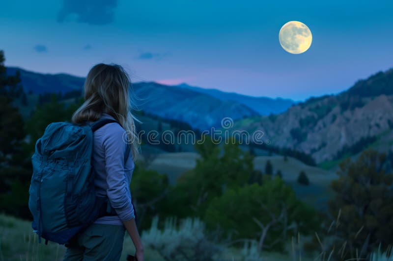 Woman with Backpack Looking at Moon Over Valley Stock Photo - Image of ...