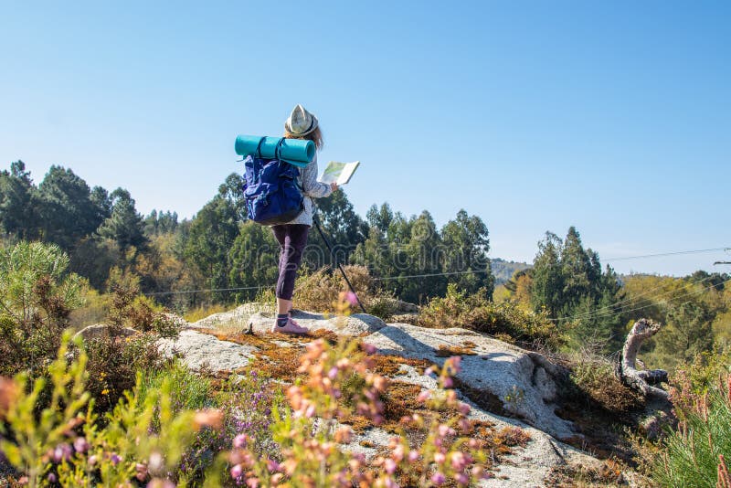 Woman with Backpack and Map Stock Image - Image of forest, nature ...