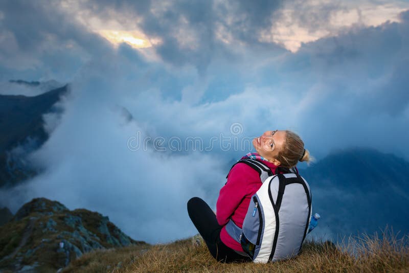 Woman with Backpack in the Mountains Stock Image - Image of activity ...