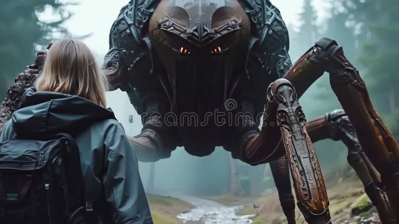 A Woman with a Backpack Standing Next To a Giant Spider Stock Footage ...