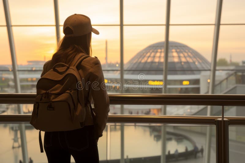 A Woman with a Backpack Stands in Front of a Window at an Airport Stock ...
