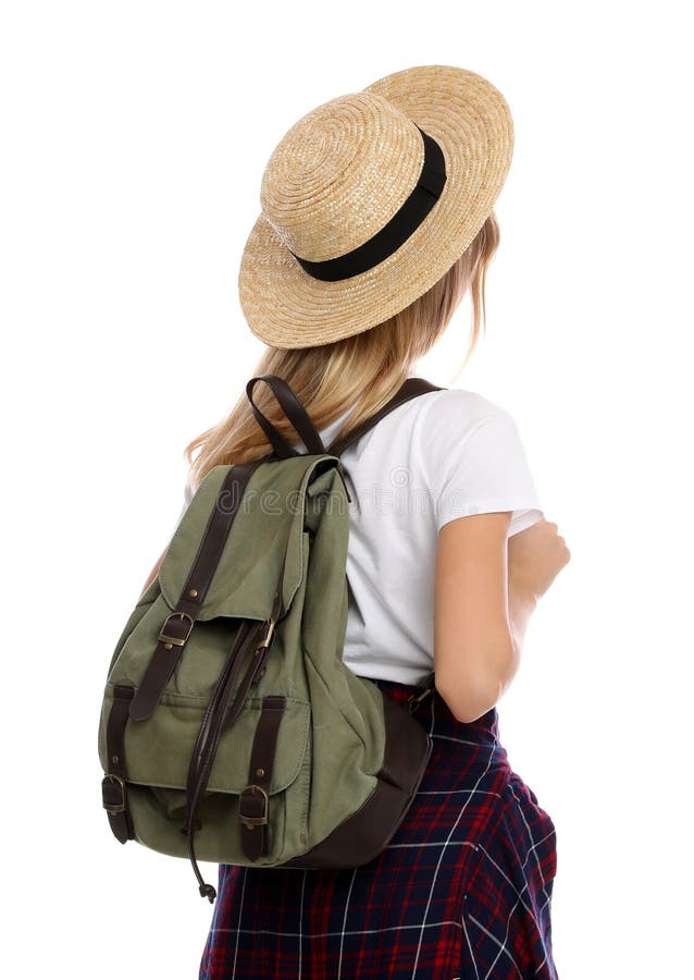 Woman with Backpack and Straw Hat on White Background, Back View ...