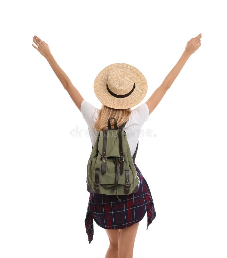 Woman with Backpack and Straw Hat on White Background, Back View ...