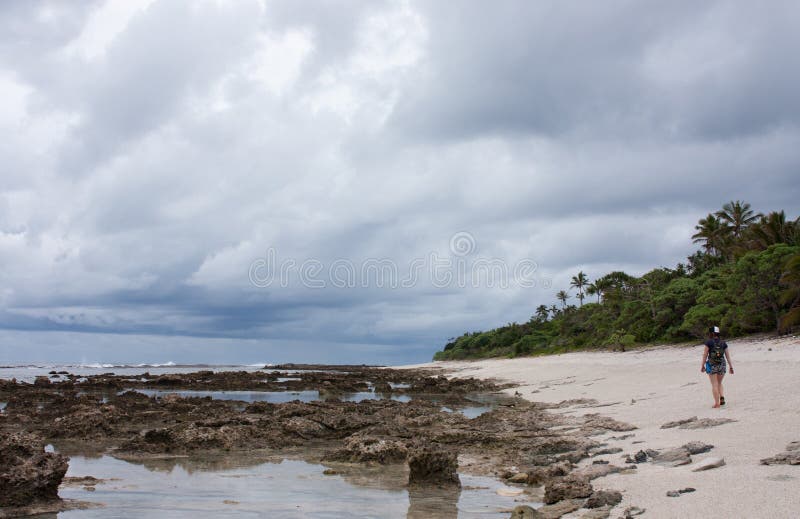 A Woman with a Backpack Walking on a Beach in Tonga Stock Image - Image ...