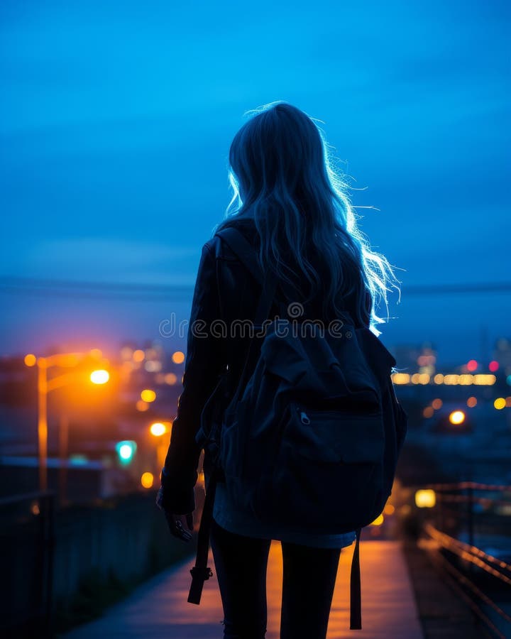 A Woman with a Backpack Walking Down a Path at Night Stock Illustration ...