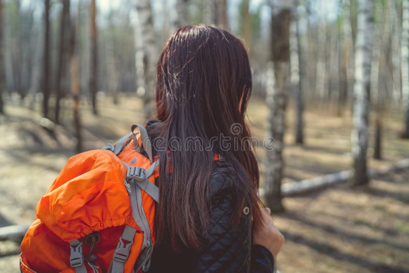 Woman with Backpack Walking in Woods Side View of Casual Woman Carrying ...
