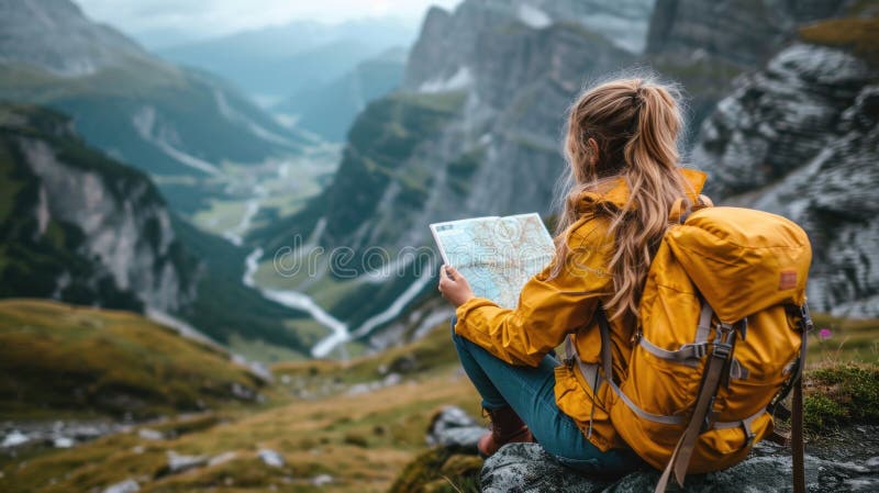 A Woman with a Backpack and Yellow Jacket Looking at Map, AI Stock ...