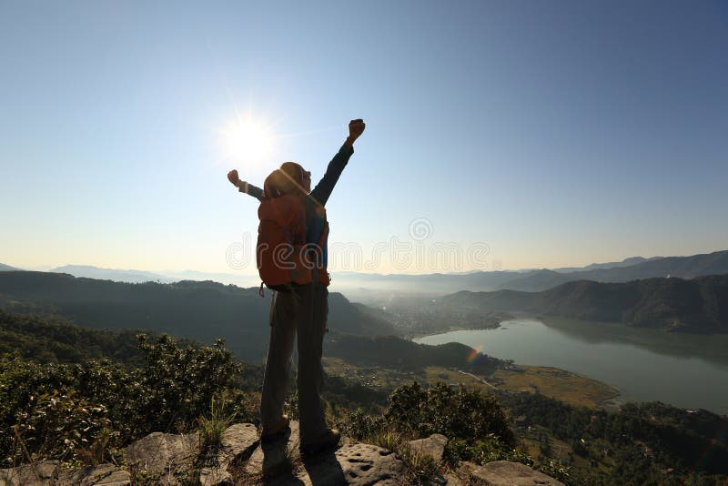 Woman Backpacker on Beautiful Mountain Top Stock Photo - Image of ...