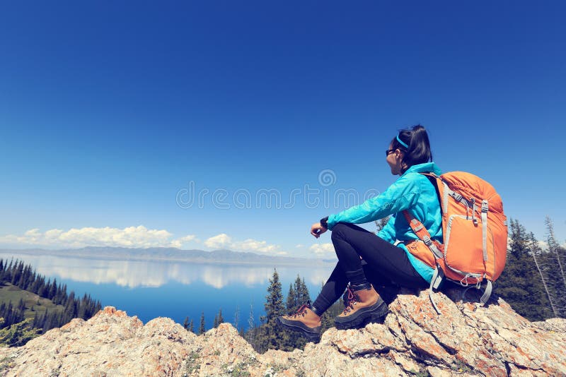 Woman Backpacker Hiking on Beautiful Mountain Peak Stock Image - Image ...