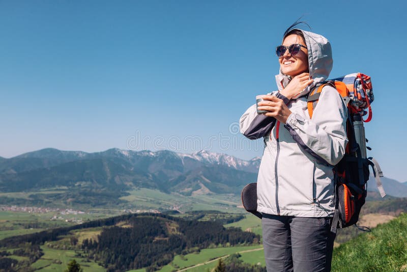 Woman Backpacker Traveler on the Top of Mountain Stock Image - Image of ...