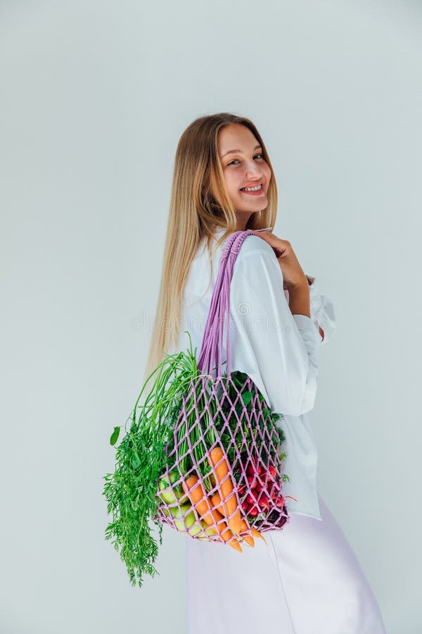 Woman with Bag Mesh Fresh Vegetables for Eating Diet Stock Image ...